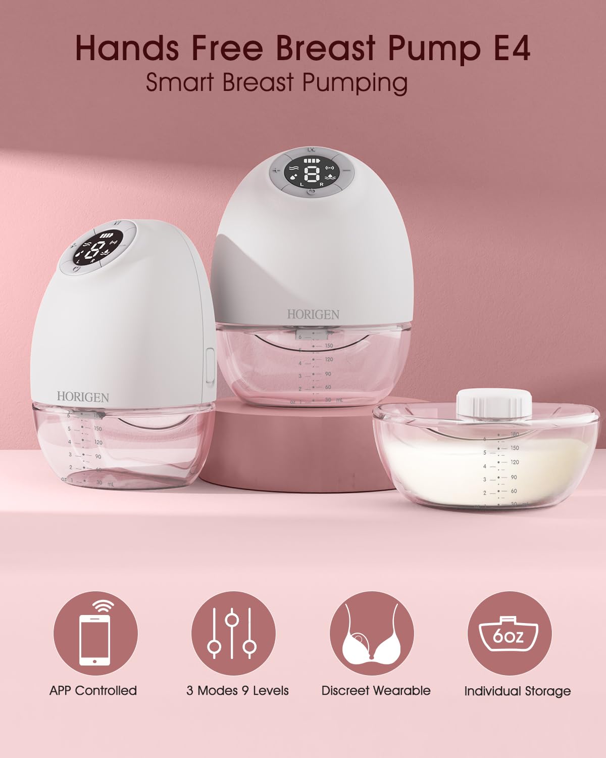 Horigen Hands Free Breast Pump E4, Wearable Breastfeeding Pump App Compatible, Double-Sealed Flange Electric Portable Breast Pump, 3 Modes & 9 Levels