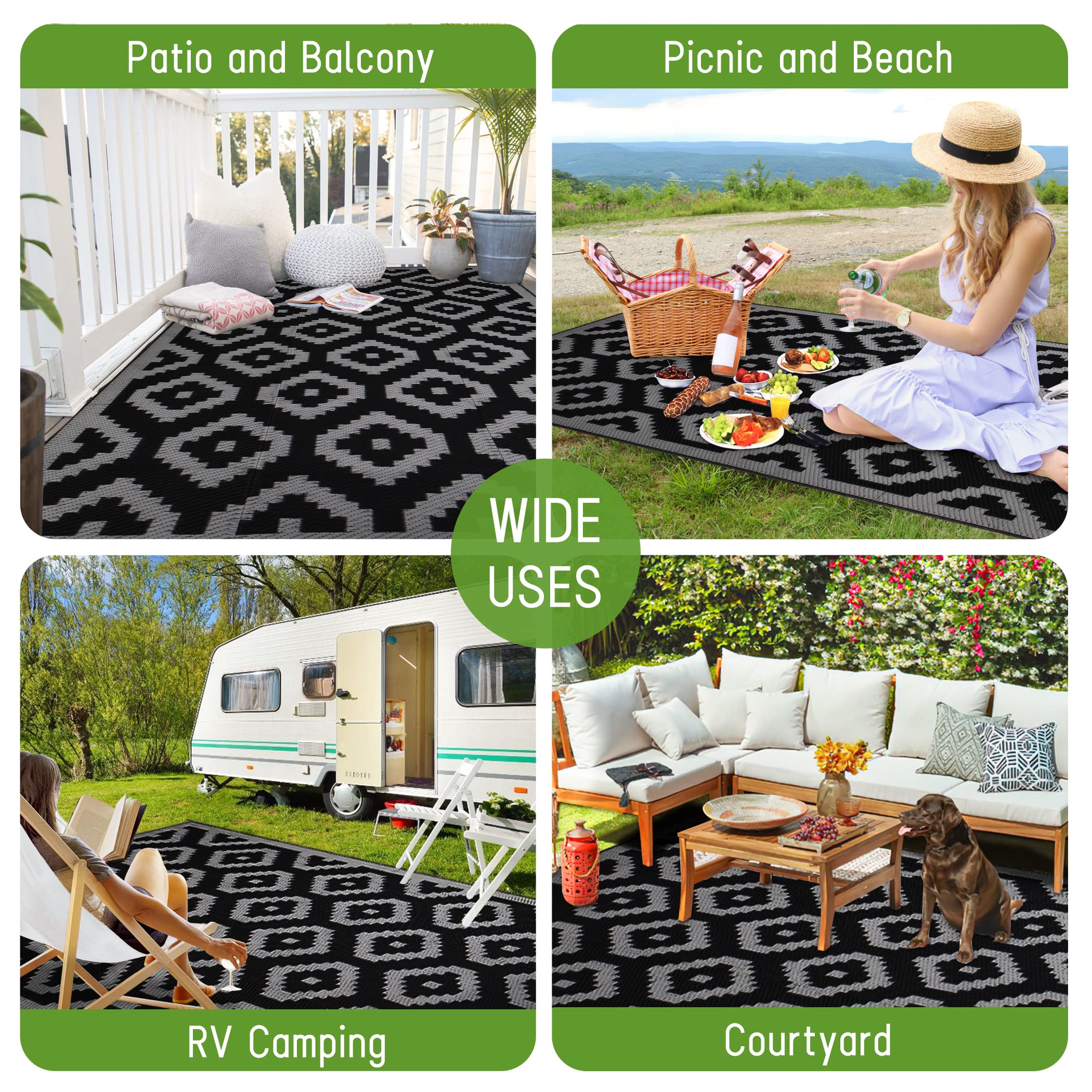 Easy-Going Reversible Outdoor Rugs 5x8ft Waterproof Plastic Straw Rug Stain & UV Resistant Floor Mat for Patio Porch RV Backyard Pool Deck Picnic Beach Trailer Camping (Diamond/Gray & White)