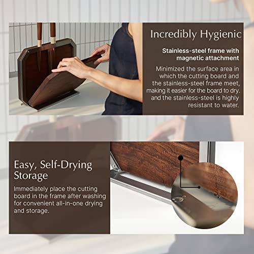 Heriter I Solid Walnut Octagonal Wood Cutting & Serving Board with Stainless Steel Stand/Frame I Modern kitchen I Clean up kitchen I wood cutting boards x 1, Magnetic Stainless Steel Stand x 1