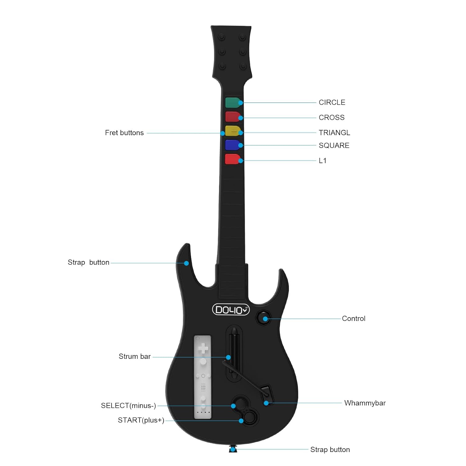 DOYO Wii Guitar Hero, Wireless Guitar Hero Controller for Guitar Hero Wii and Rock Band 2 Wii U Games (Excluding Rock Band 1) with Strap, Color Black