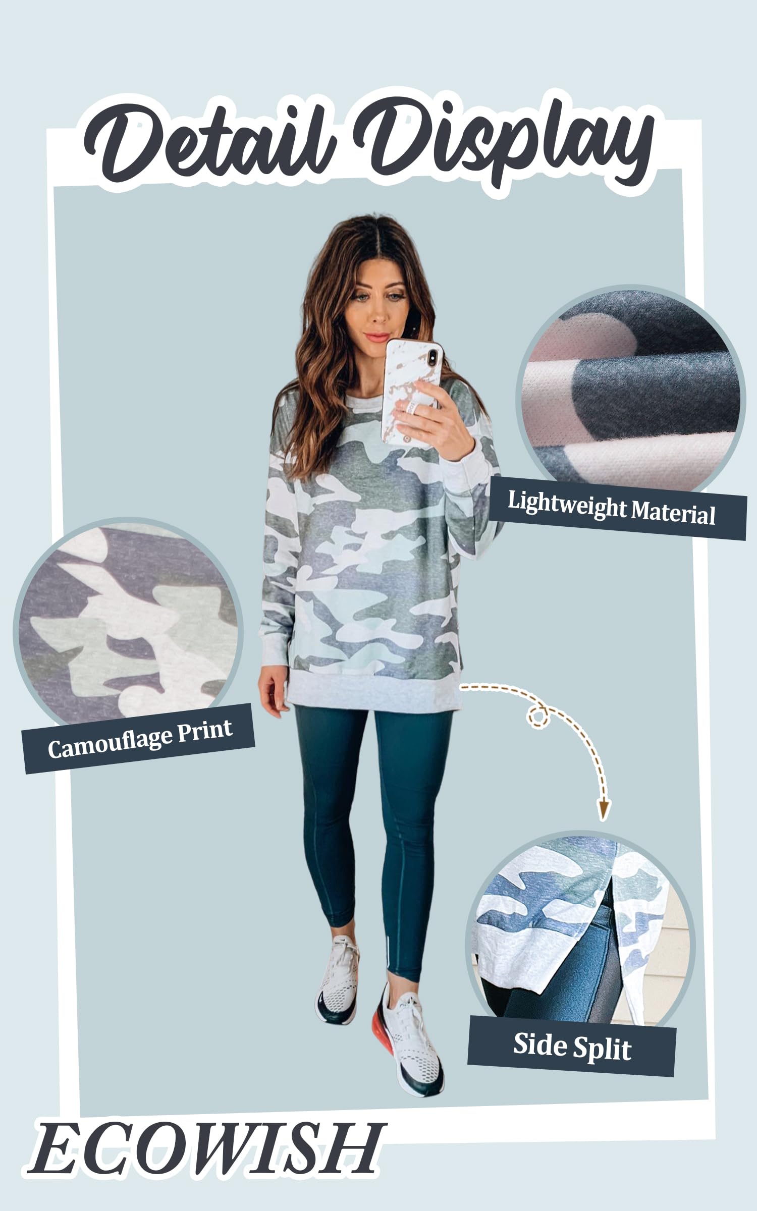ECOWISH Women Side Split Sweatshirt: Fall Crewneck Long Sleeve Oversized Camo Shirts Casual Camouflage Print Pullover Tops 017 Gray Green M