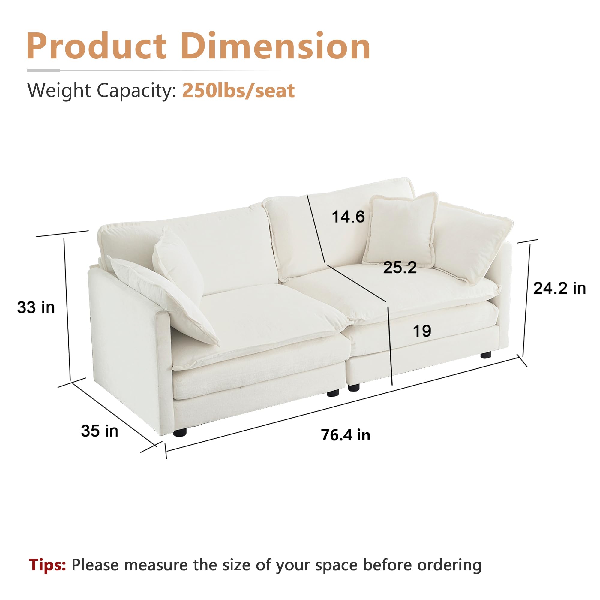 mikibama Luxury Loveseat Sofa Couch, 76" Modern Chenille Deep 2-Seater Cloud Couch with 2 Armrest Pillows and 2 Toss Pillows, Love Seat for Living Room Bedroom Office Apartment, Beige