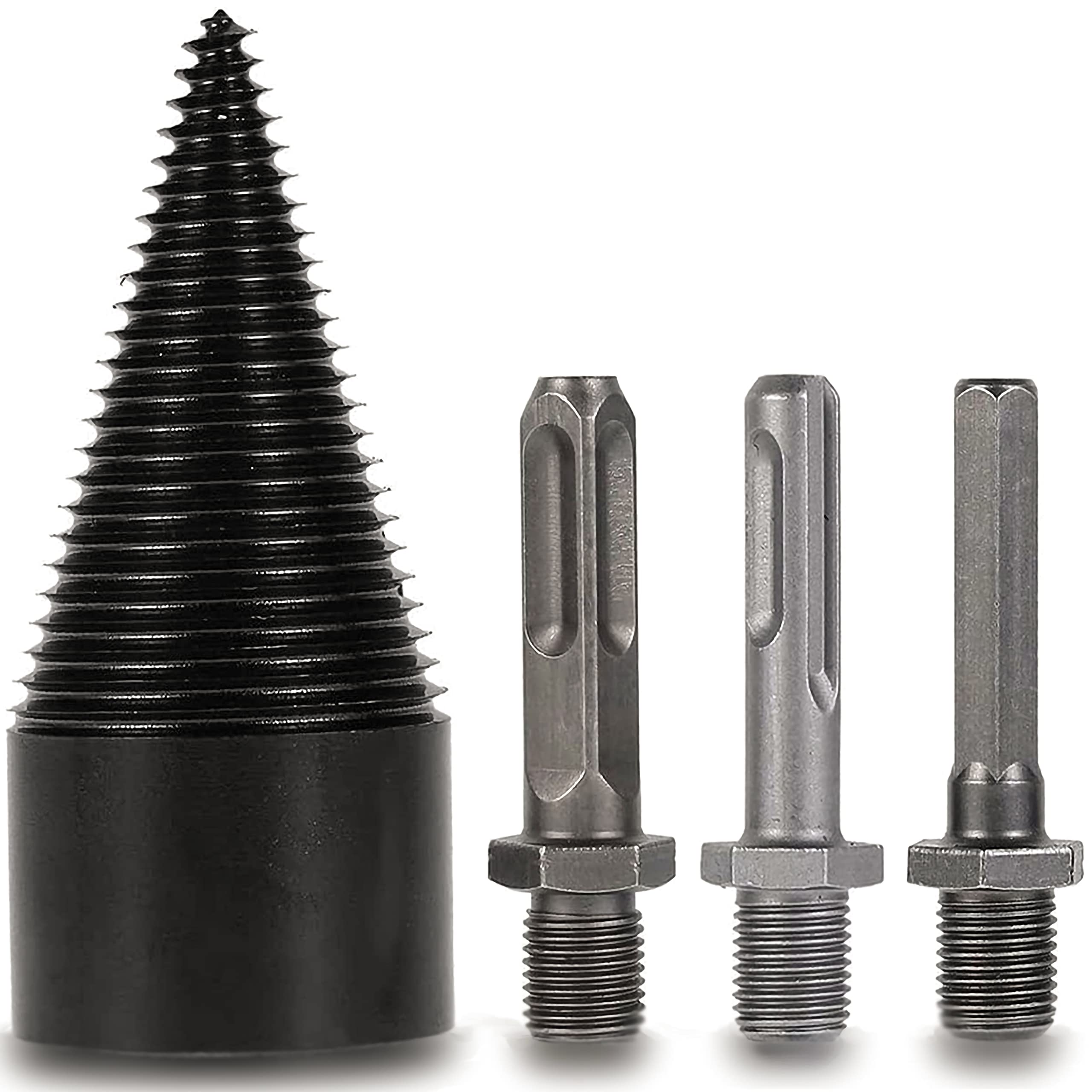 KEWAYO 4pcs Removable Splitting Wood Cone Drill Bit, Wood Splitter Drill Set for Heavy Duty Drill Split Wood Tool and Hand Drill Stick-hex+Square+Round
