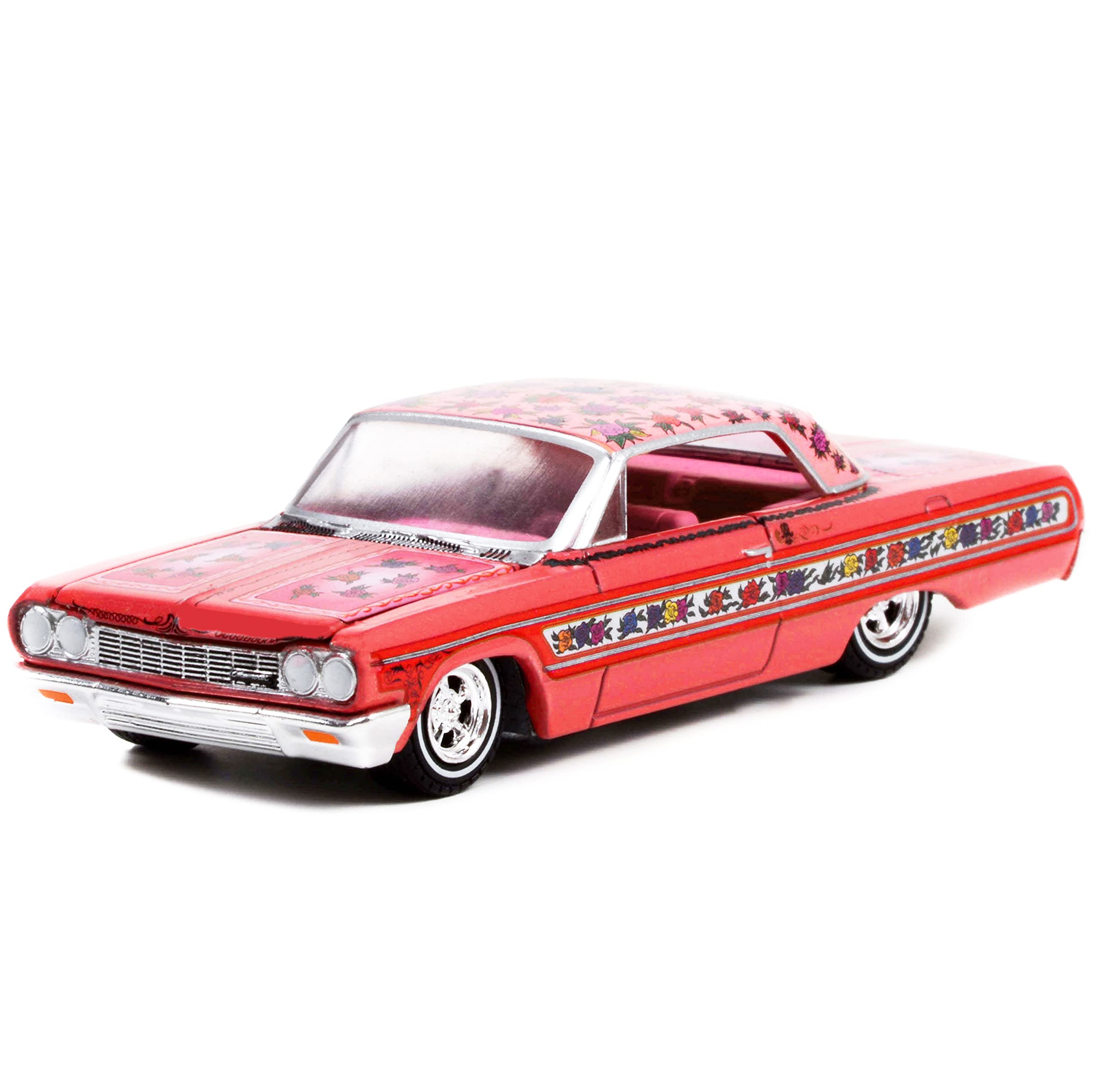 Greenlight Collectible 1964 Chevy Impala Lowrider Pink Metallic w/Rose Graphics & Pink Interior California Lowriders Release 1 1/64 Diecast Model Car by Greenlight 63010 A