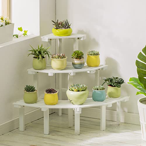MoNiBloom 3 Tier Corner Stair Plant Stand, Bamboo Quarter Round Plant Display Holder Stair-Step Shelf Multifunctional Plant Support for Indoor Outdoor, White