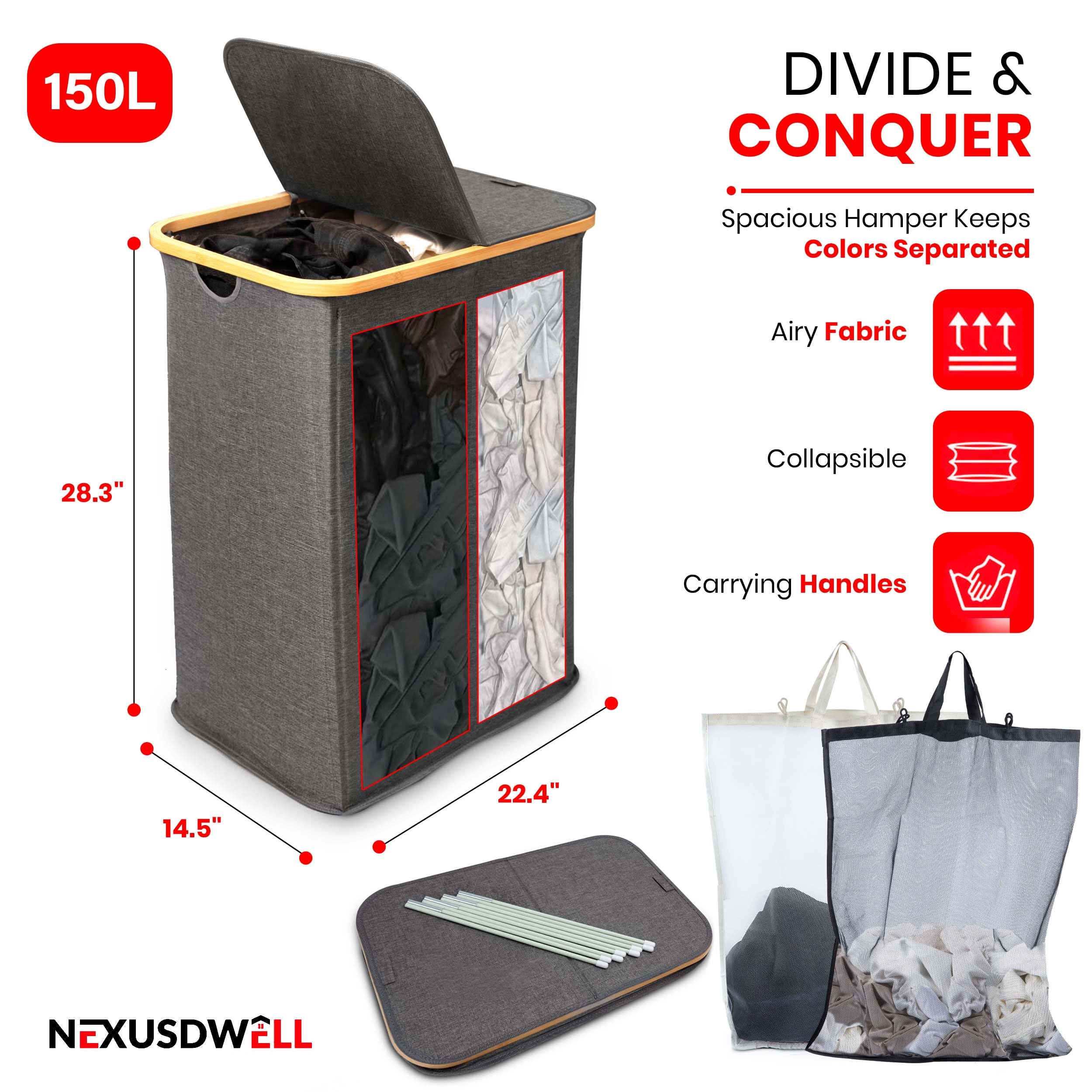 Nexusdwell 150L Large Laundry Hamper 2 Section with Removable Bags & Bamboo Handles- Sturdy Double laundry Basket with Lid and Divider- Grey Dual Laundry Hampers for Bedroom-Double Hamper