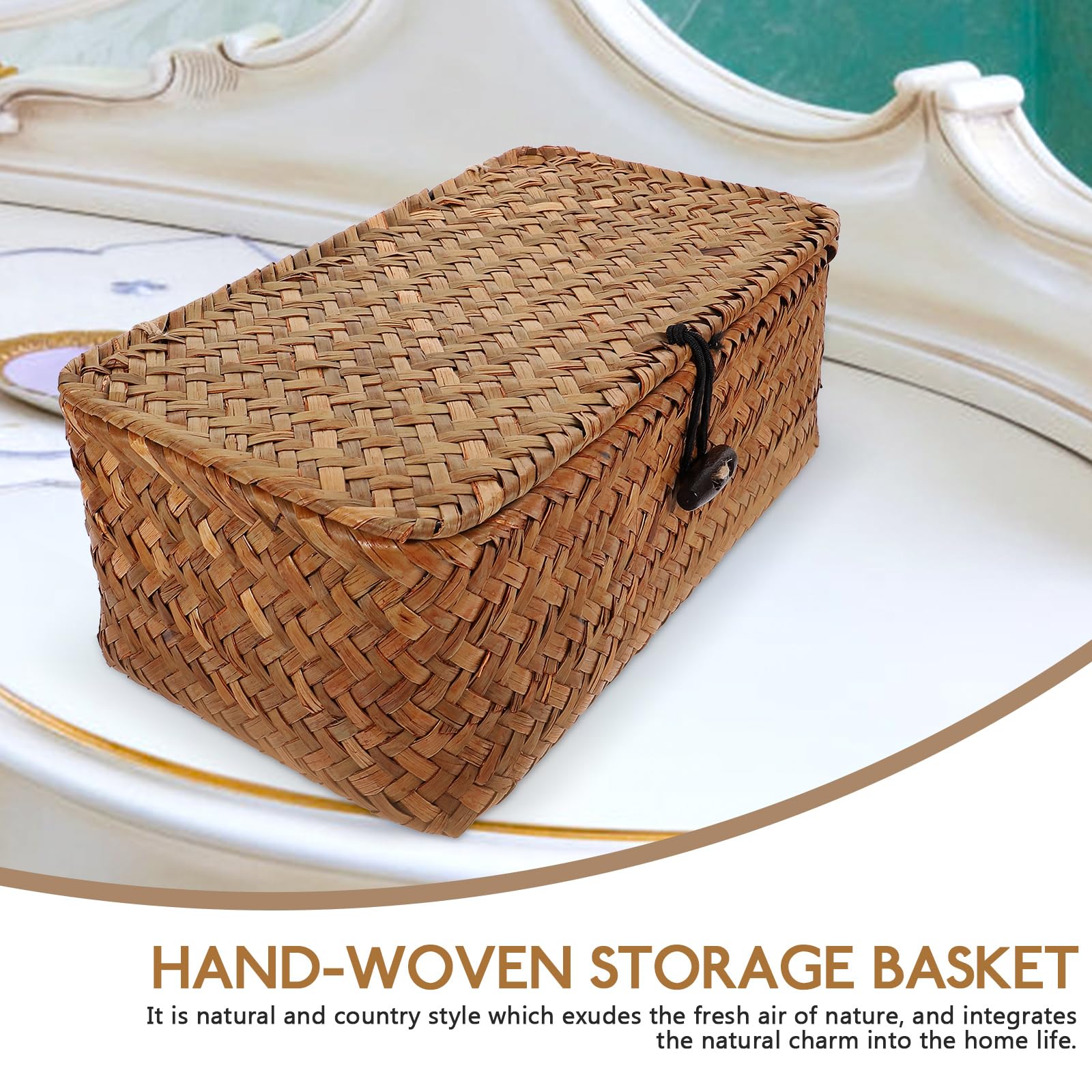 Gatuida Rectangular Wicker Baskets with Lids, Seagrass Storage Baskets with Button Multipurpose Container for Desktop,Size S