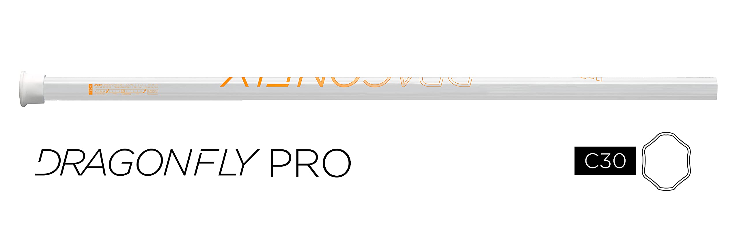 Epoch Dragonfly Pro Lacrosse Shaft for Attack/Midfield, 30", Mid-Flex iQ5, with Removable End Cap, C30, Techno Orange