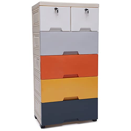 Plastic Dressers with 6 Drawers Storage Cabinet Tall Dresser with Wheels & Lock for Clothes, Bedroom, 19.69 * 13.78 * 40.16inch (Style 2)
