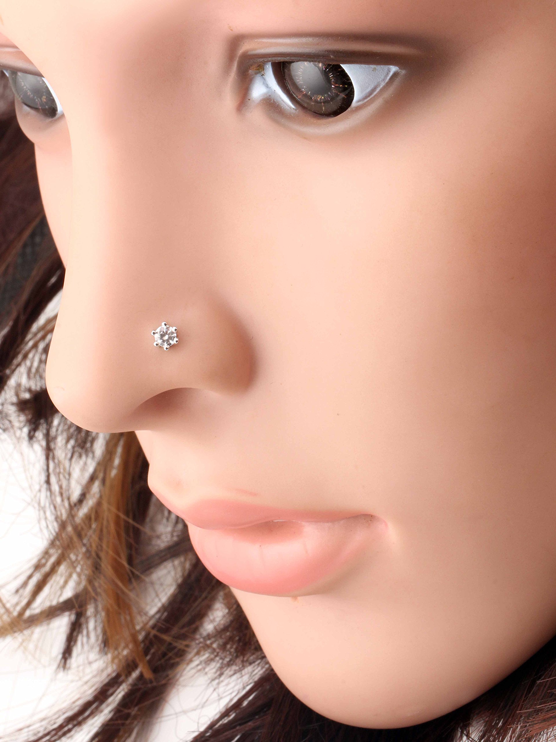 Demira Jewels 0.10 ct Real Diamond 14k White Gold Nose Stud Lip Labret Monroe Ring, 8 mm Long Internally Threaded Screw Post.