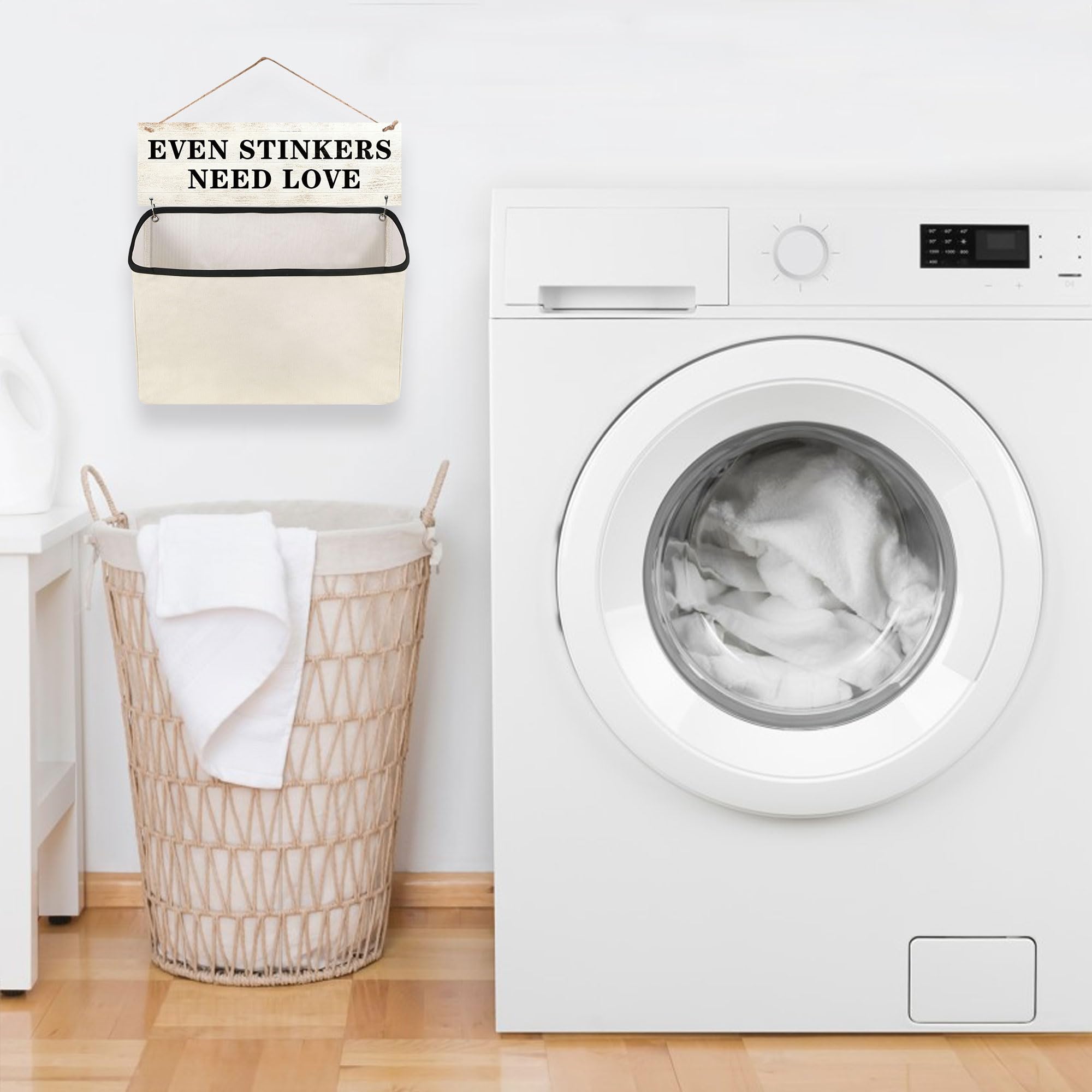 Laundry Room Decor and Organization: Wall-Hanging Lost Socks Storage Bag, Funny Wooden Sign - Single Canvas Basket for Sock Organization (DIRTY SOCKS GATHERING SPOT)