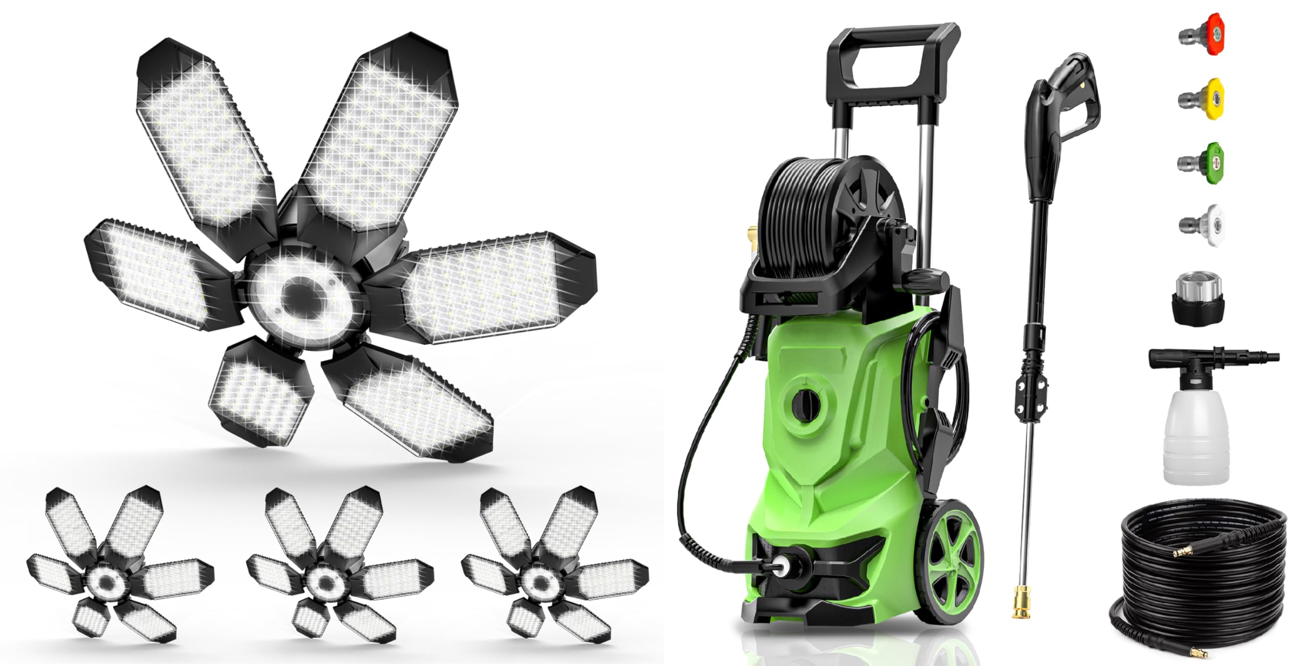 POLARPRA LED Garage Light - 160W LED Garage Ceiling Light 64000LM 6500K and Electric Power Washer - 3000 PSI 2.6 GPM Pressure Washers with Foam Cannon and 4 Quick Connect Nozzles