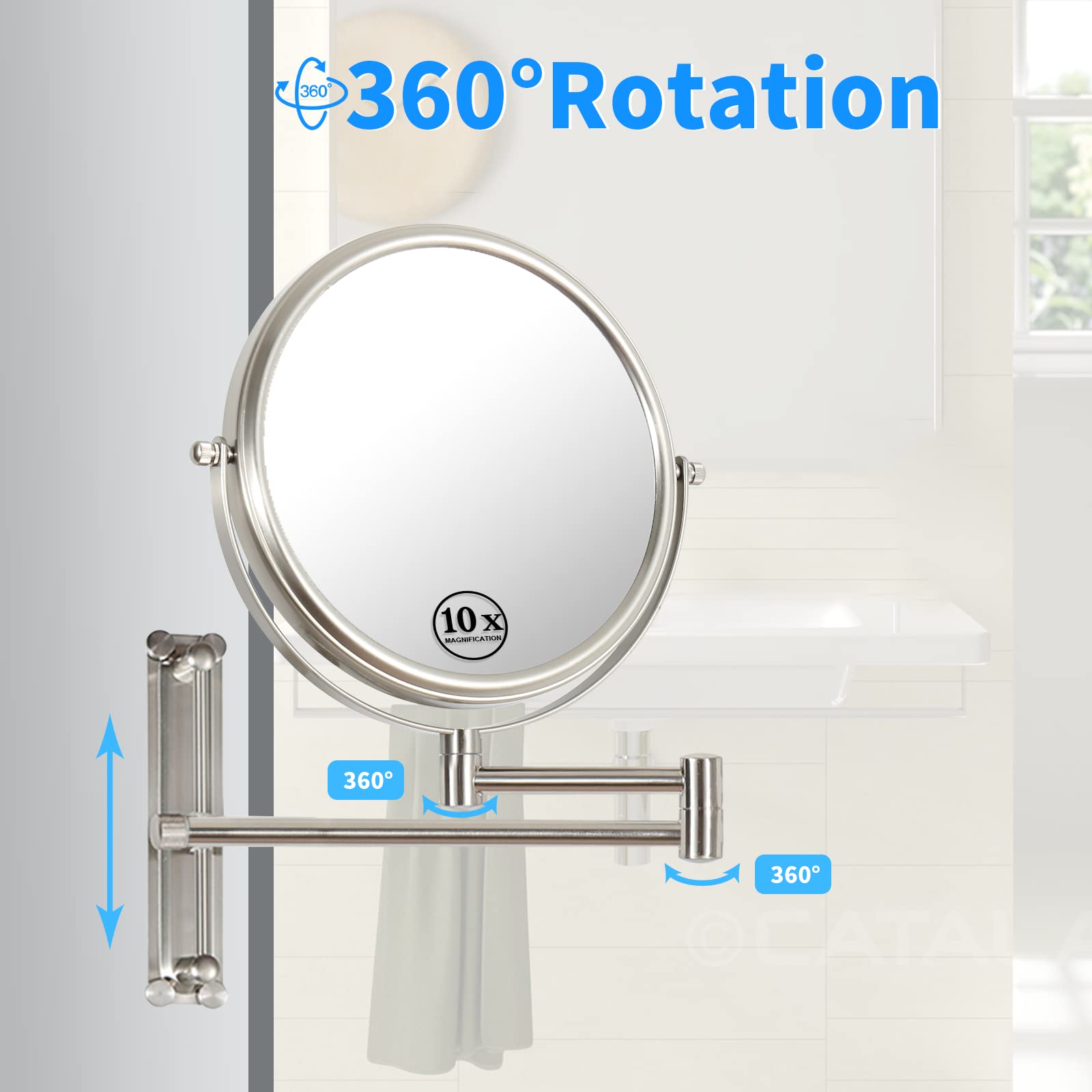 Keilefo Wall Mounted Makeup Mirror 10 Times Magnifying Mirror can Move up and Down 8 inch,Bathroom Double-Sided Vanity Mirror 360 Degree Rotating Telescopic Folding Without Dead Ends (Nickel)