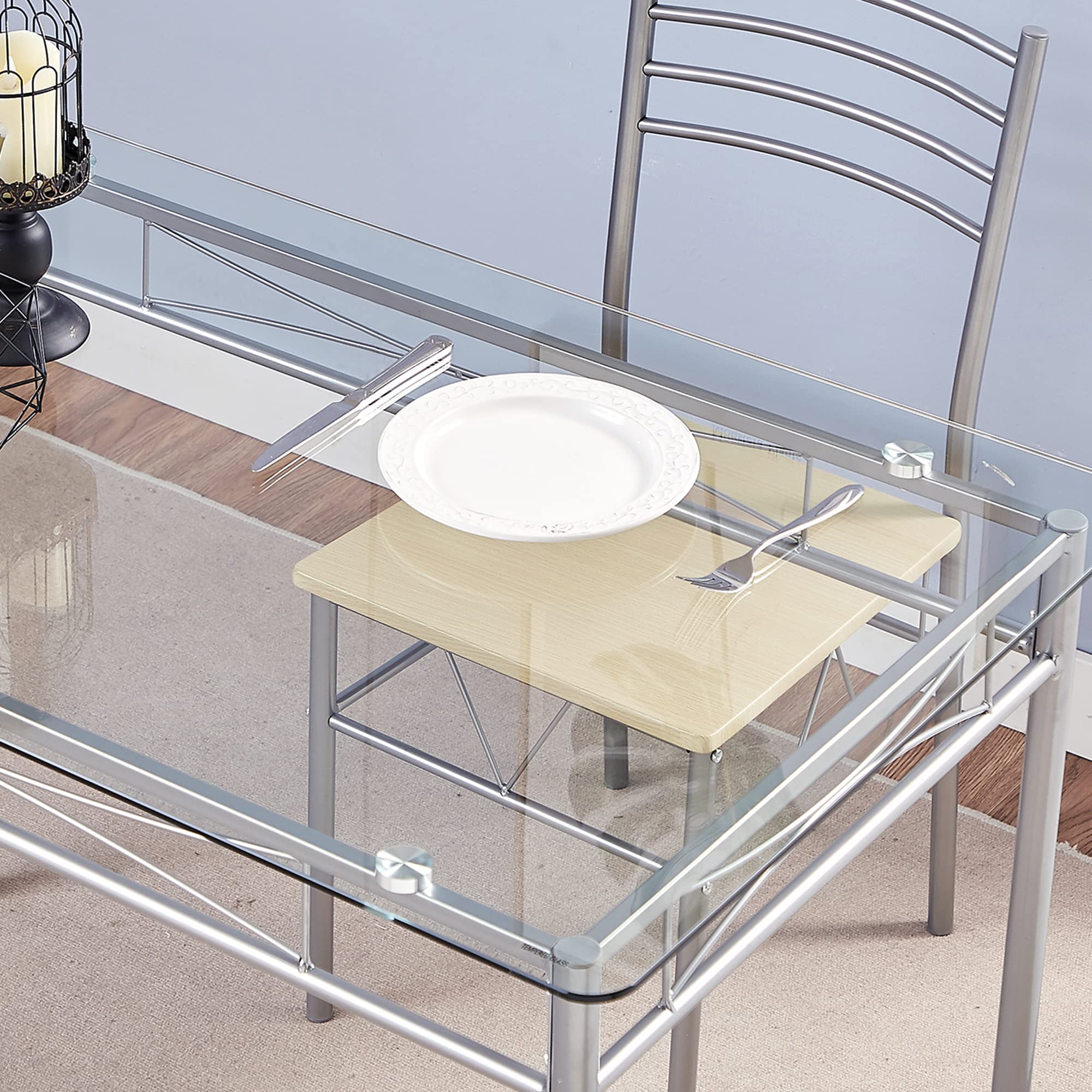 VECELO Dining Table with 4 Chairs [4 Placemats Included-] Silver X-Large