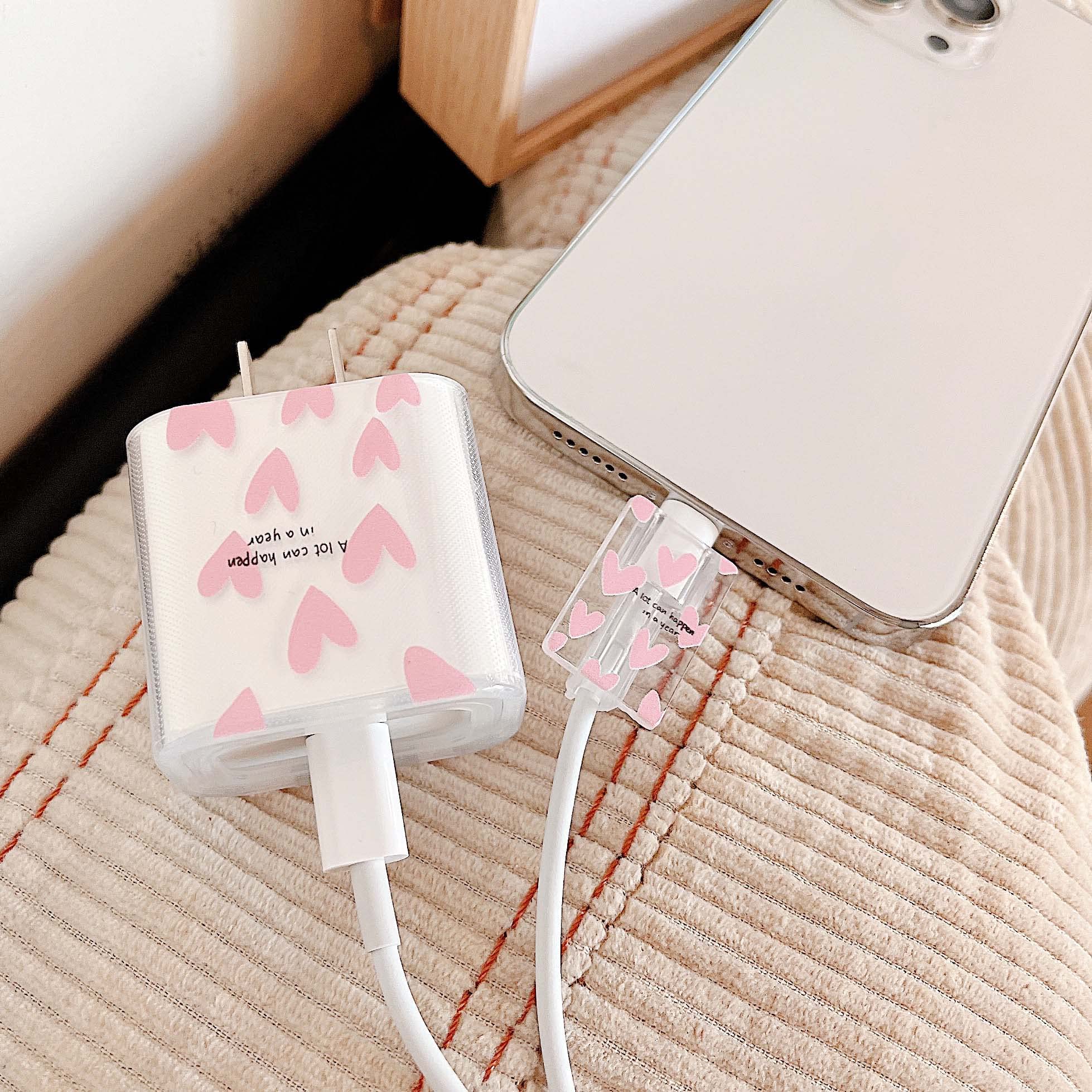 JANDM USB Plug Cable Protector Data Line Bite Fast Charging Cable Case for iPhone 18/20W Power Adapter Fast Charge Head Winder Case Cover Cute Smiley Cartoon Love Heart Case (Pink Heart)
