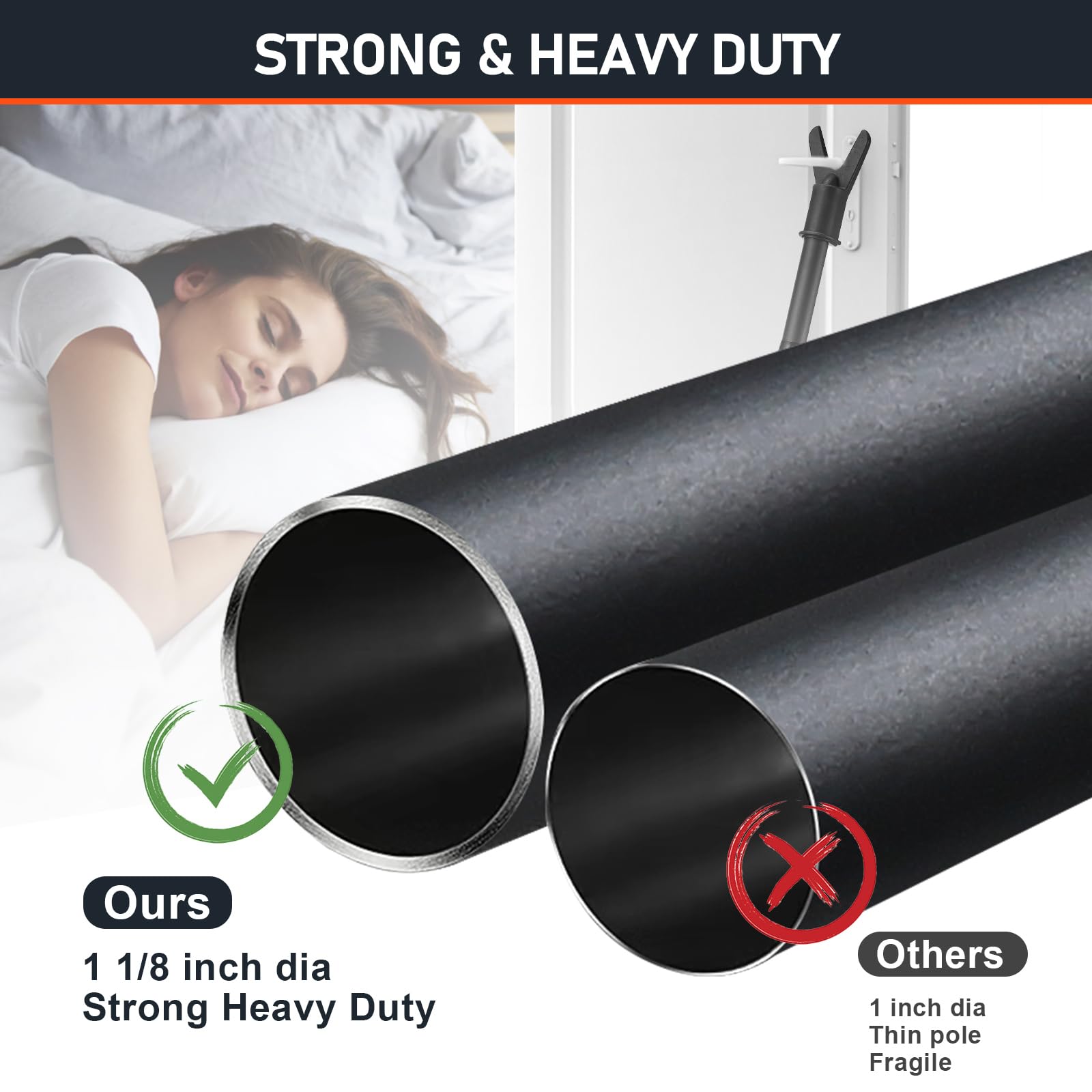 Door Security Bar, 1 1/8 inch Heavy Duty Security Bars, 35-41.7" Adjustbale Door Saftey Bar - Portbale Security Door Barricade Bar Inside (1 pc, Black) (Frosted Black)