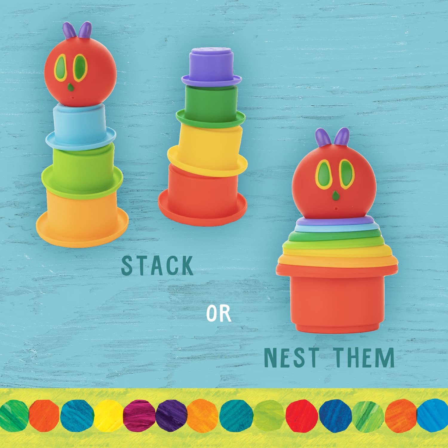 Kids Preferred World of Eric Carle The Very Hungry Caterpillar Bath Time Silicone Stacking Cup Set with Caterpillar Head Squirty Perfect for Water Play Ages 18 Months and Up