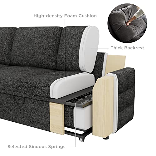 VanAcc Pull Out Sofa Bed, Modern Tufted Convertible Sleeper Sofa, Chenille Sleeper Sectional Couch Bed with Storage Chaise, L Shaped Sofa Couch for Living Room (Dark Grey)