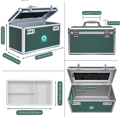 HEWEI WORKS Large capacity Locking Box, Lockable Medication Box with Portable Storage Case, 15''x 8.7''x 9.3'', Childproof Medicine Lock Organizer, Locked Empty First Aid Storage Case (GREEN)