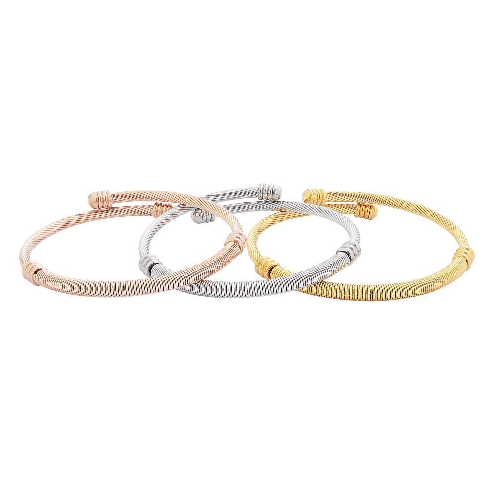 EDFORCE 3 Tone Stainless Steel Hypoallergenic Stacked Twisted Cable Wire Bangle Adjustable Cuff Bracelet Set, Set of 3, 6"-7.5" (Wire)