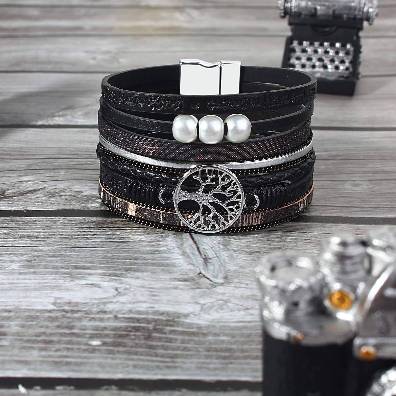 FANCY SHINY Tree of Life Leather Wrap Bracelet Inspirational Cuff Bangles Boho Pearl Bracelets with Clasp Unique Jewelry Gifts for Women(Black)