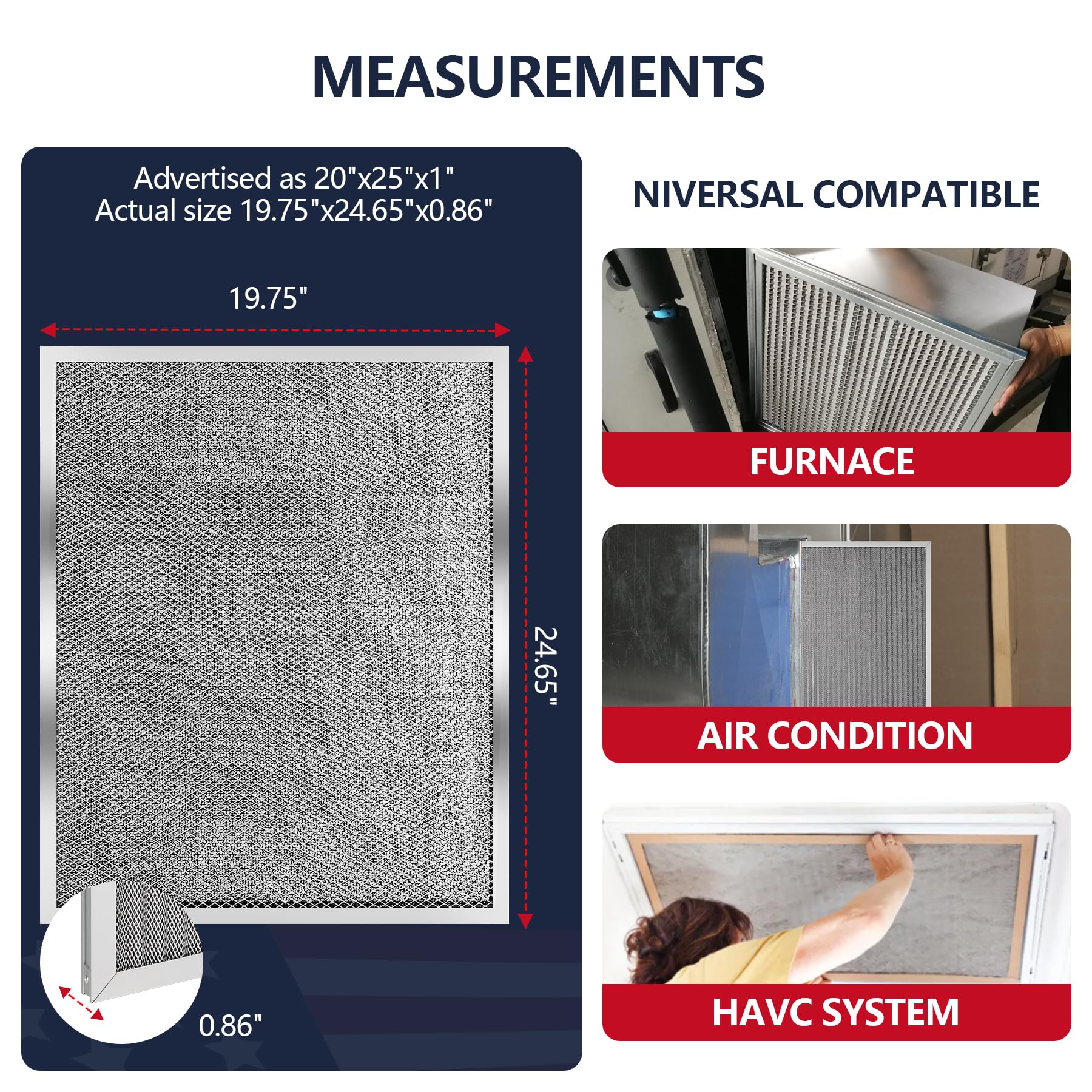 Demiwise 20x25x1 Electrostatic Air Filter, MERV 8 Washable Aluminum AC/HVAC Furnace Filter, Reusable Permanent Air Filter, Lasts a Lifetime, Easy to Install, Healthier Home/Office Environment