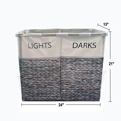 Shuoguoleilei 110L Double Laundry Basket, Rattan pattern Collapsible Laundry Hamper 2 section Sorter Bin Storage Bag for College Bathroom Bedroom Garage(Rattan)