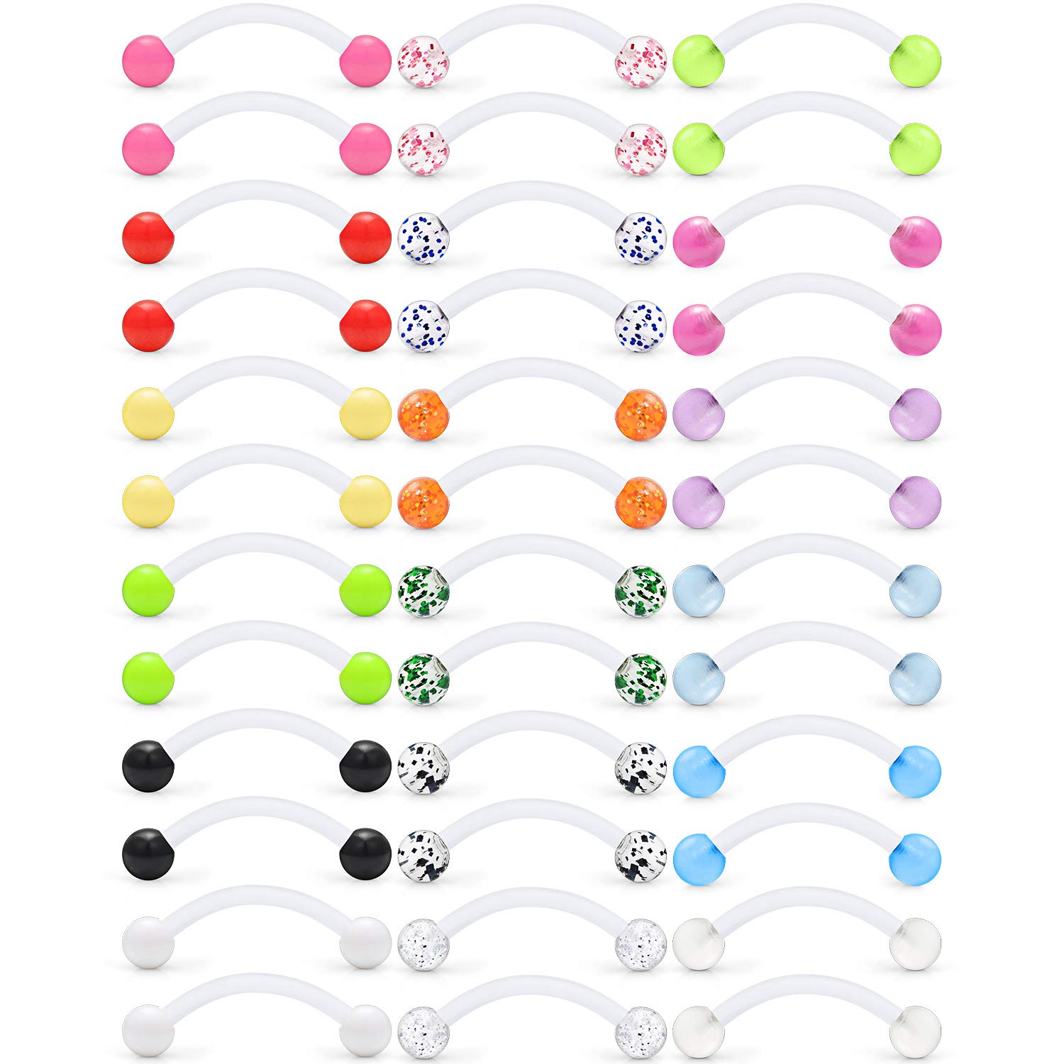 Ftovosyo 18 Pairs 14G Glitter Bioflex Flexible Acrylic Curved Barbell Snake Eyes Tongue Nipple Ring Body Piercing Jewelry Retainer 16mm Mix Color Glow in the Dark Glitter Flexible Clear