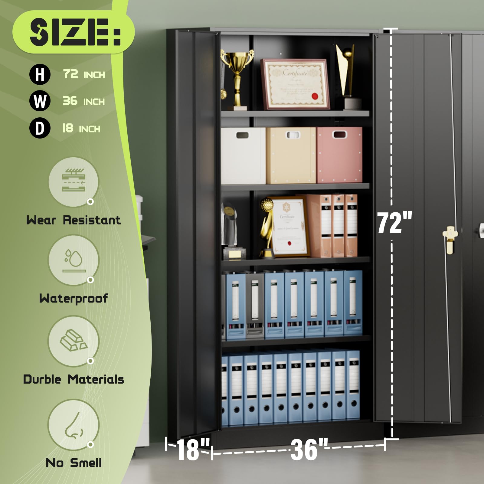 Incbruce 72” Metal Storage Cabinet, Tall Locking Steel Storage Cabinet with 2 Doors and 4 Adjustable Shelves,Lockable Storage Cabinet for Home, Office, Warehouse, Black