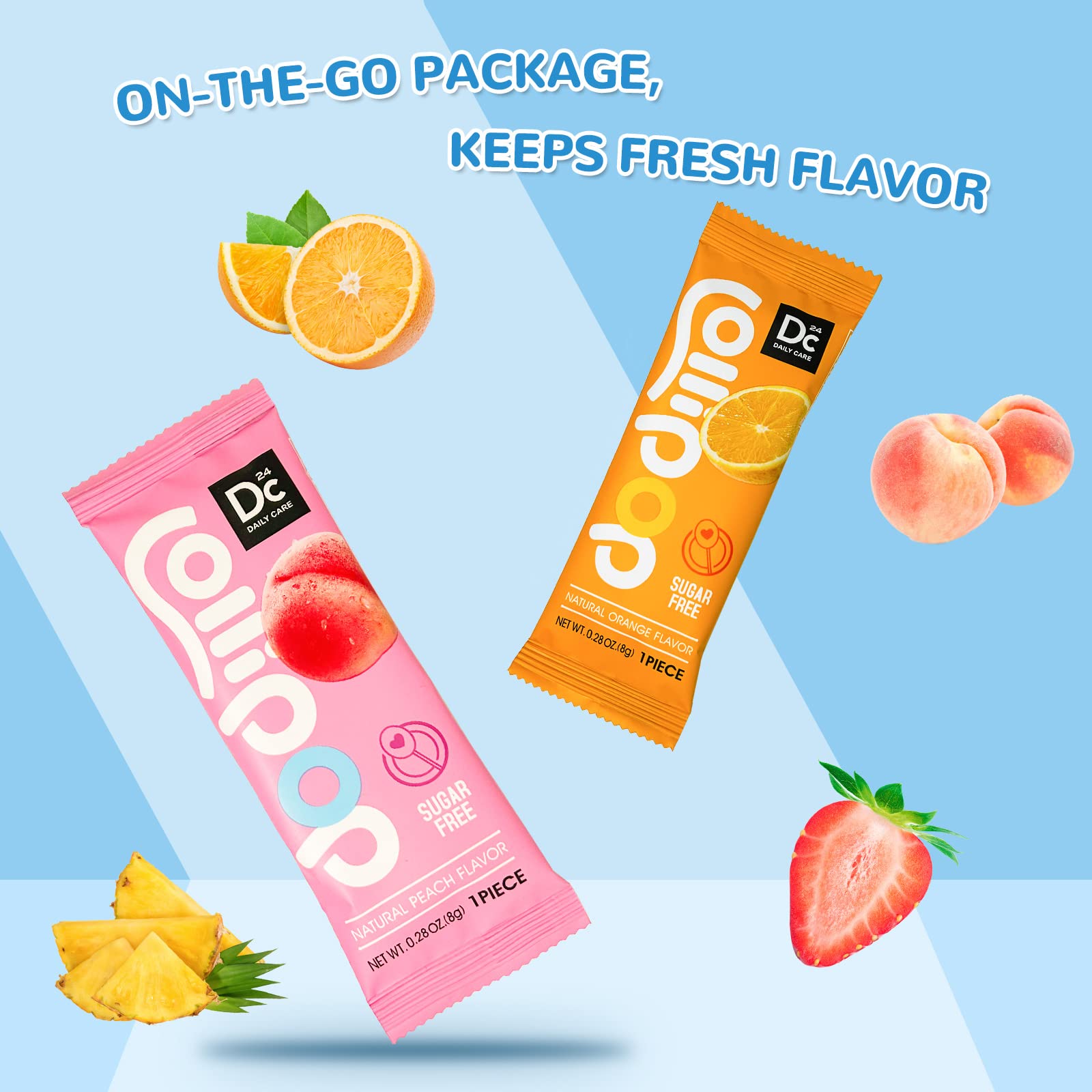 DC24 DAILY CARE Sugar Free Lollipops with Vitamin C, Healthy Suckers with Xylitol, Assorted Fruit Flavored Hard Candy for Kids, Non-GMO, Gluten Free, 64 Count