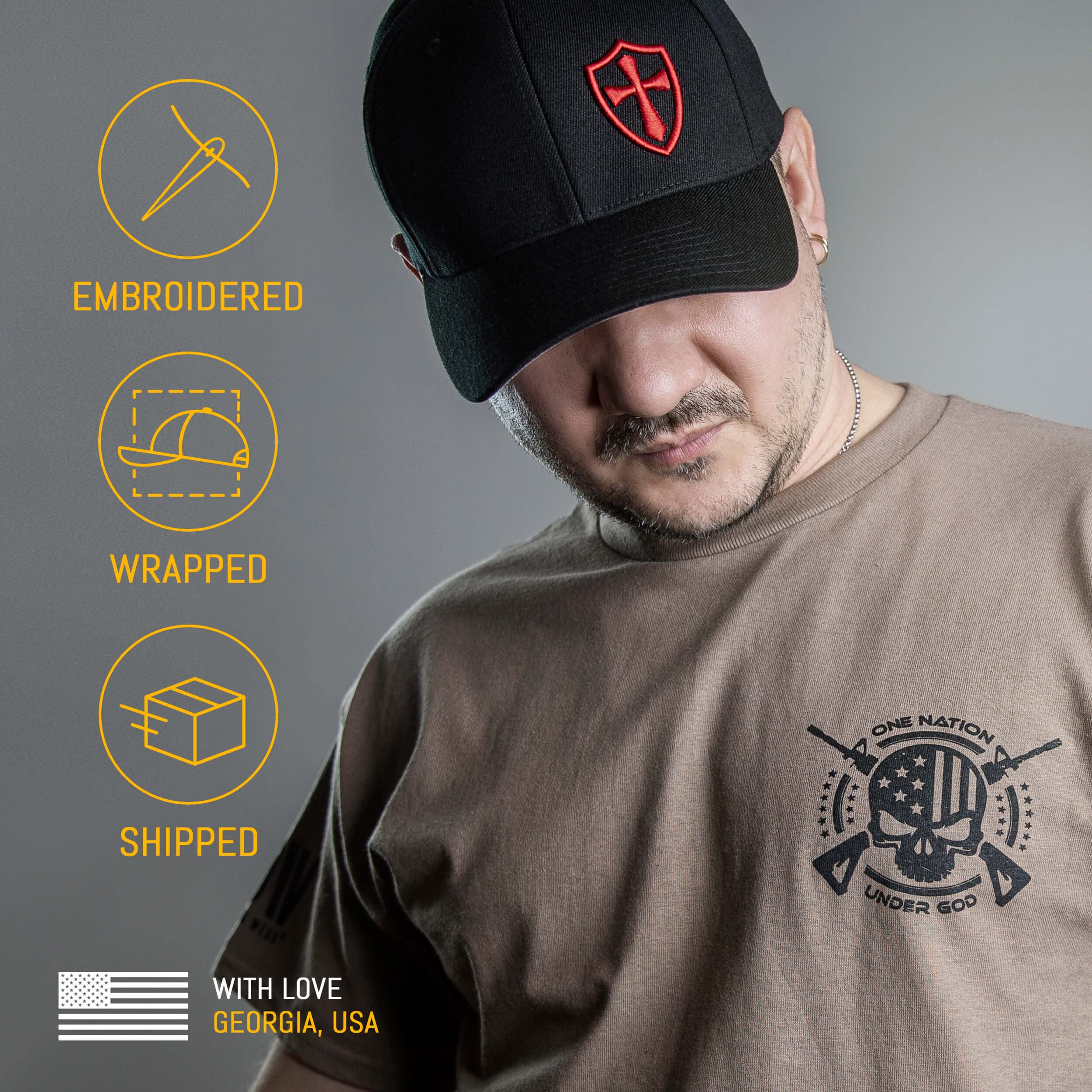 Dion Wear Crusader Cross Cap - Flex Fit Baseball Hats for Men (L/XL Grey on Black)