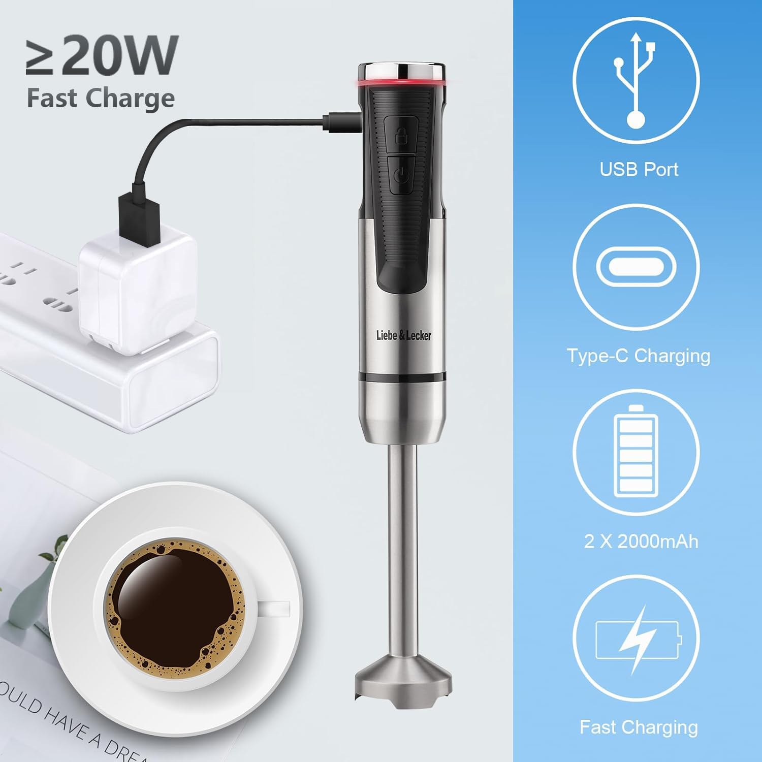 Liebe&Lecker Cordless Hand Blender, Immersion Blender Handheld USB Rechargeable 8 Variable Speeds with Whisk, Milk Frother Attachments, Portable Stick Blender for Milkshakes, Smoothies & Soups.