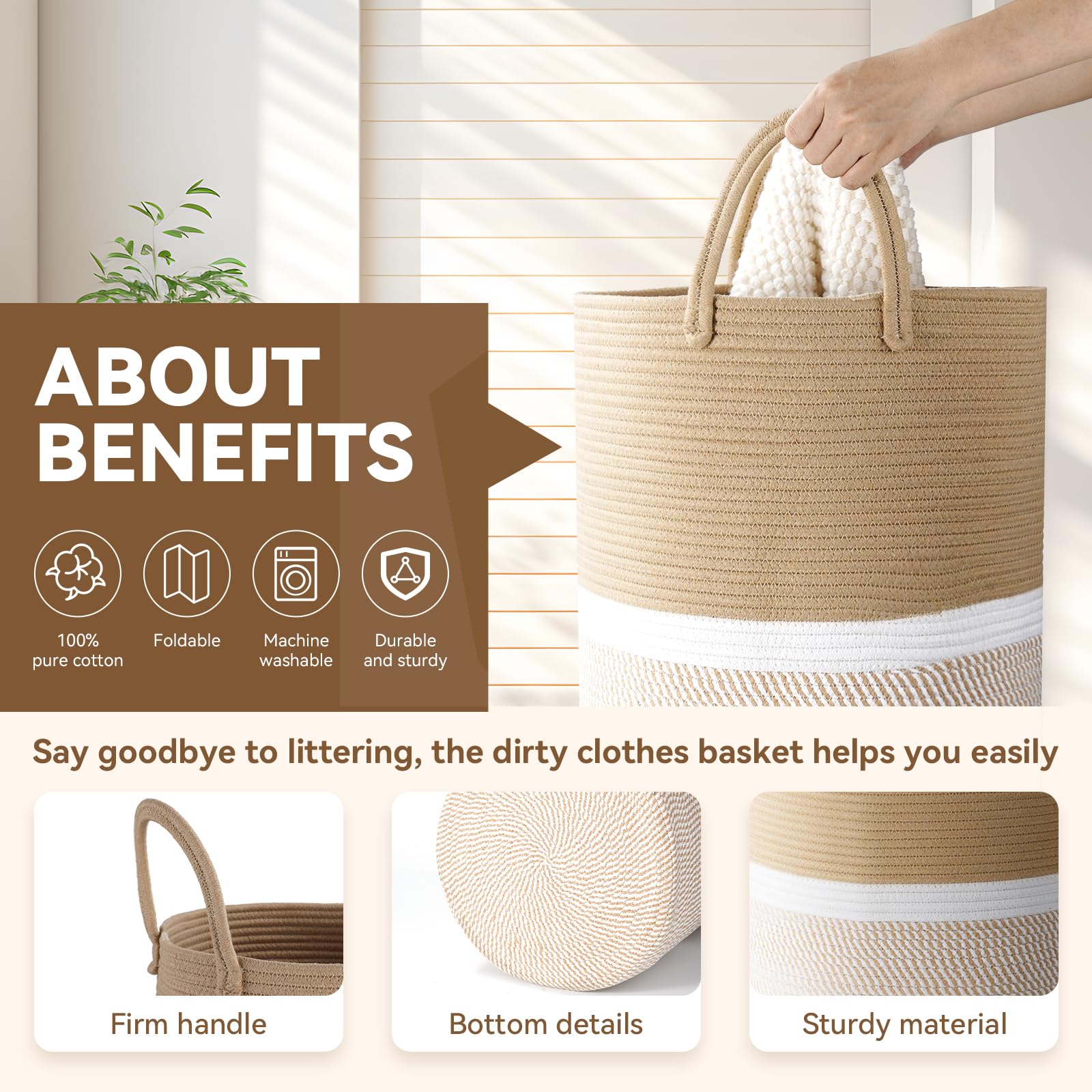 Laundry Storage Basket Large,Tall Rope Baskets for Storage,Cute Blanket Basket,Suitable for Living Room, Bedroom, Farmhouse,Can Be Decorative and Used to Store Toys
