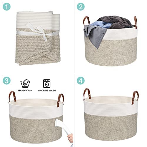 Hombins Large Storage Baskets Cotton Rope Baskets for Storage, 20"X20''X13'' Woven Toy Box Large Blanket Basket for Living Room Storage Laundry Basket with Leather Handle