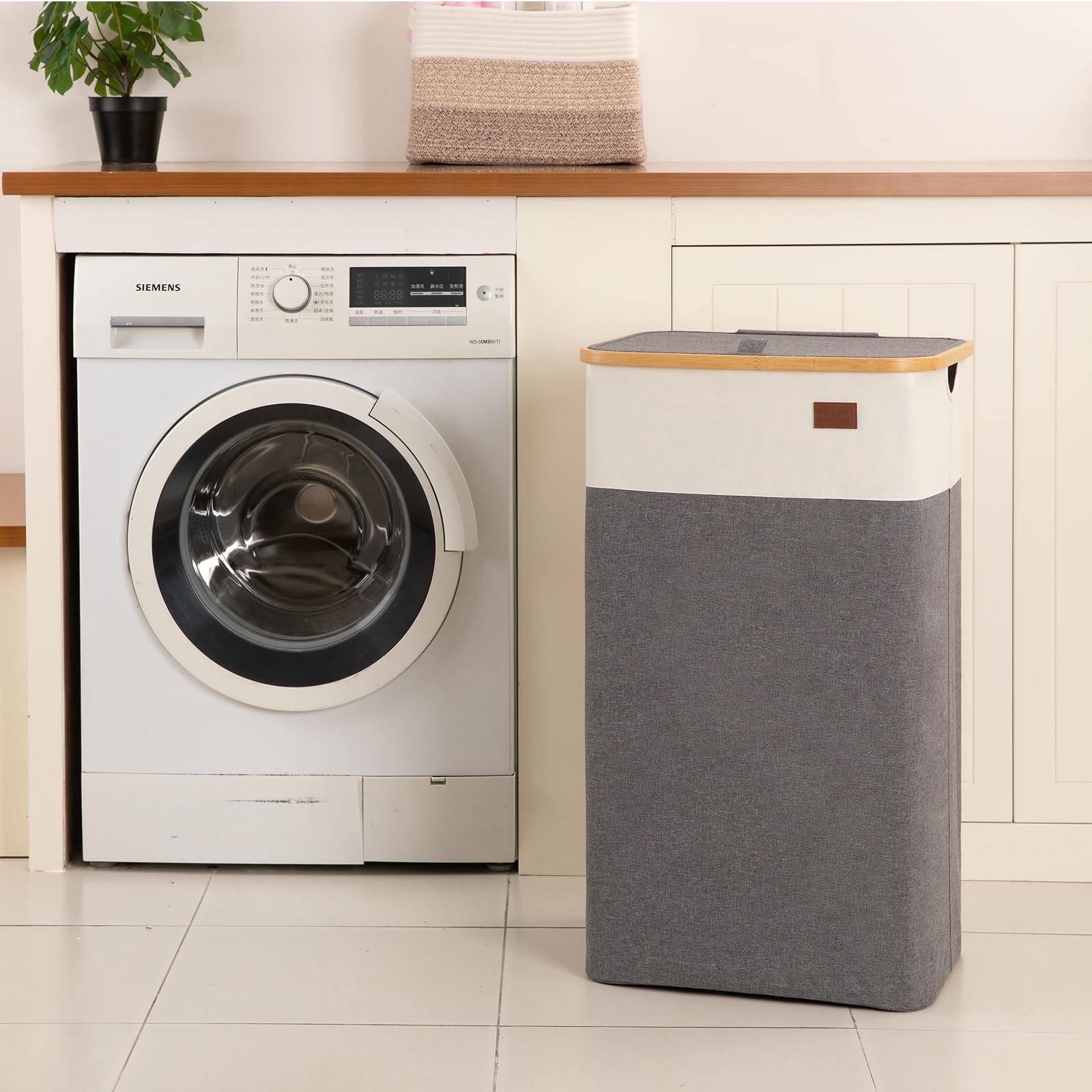 OIAHOMY Laundry Hamper With Lid, 100L Collapsible Laundry Basket With 2 Removable Inner Bags, Clothes Hamper With Bamboo Handles, Large Foldable Laundry Hamper, Dirty Clothes Hamper for Bedroom (Grey)