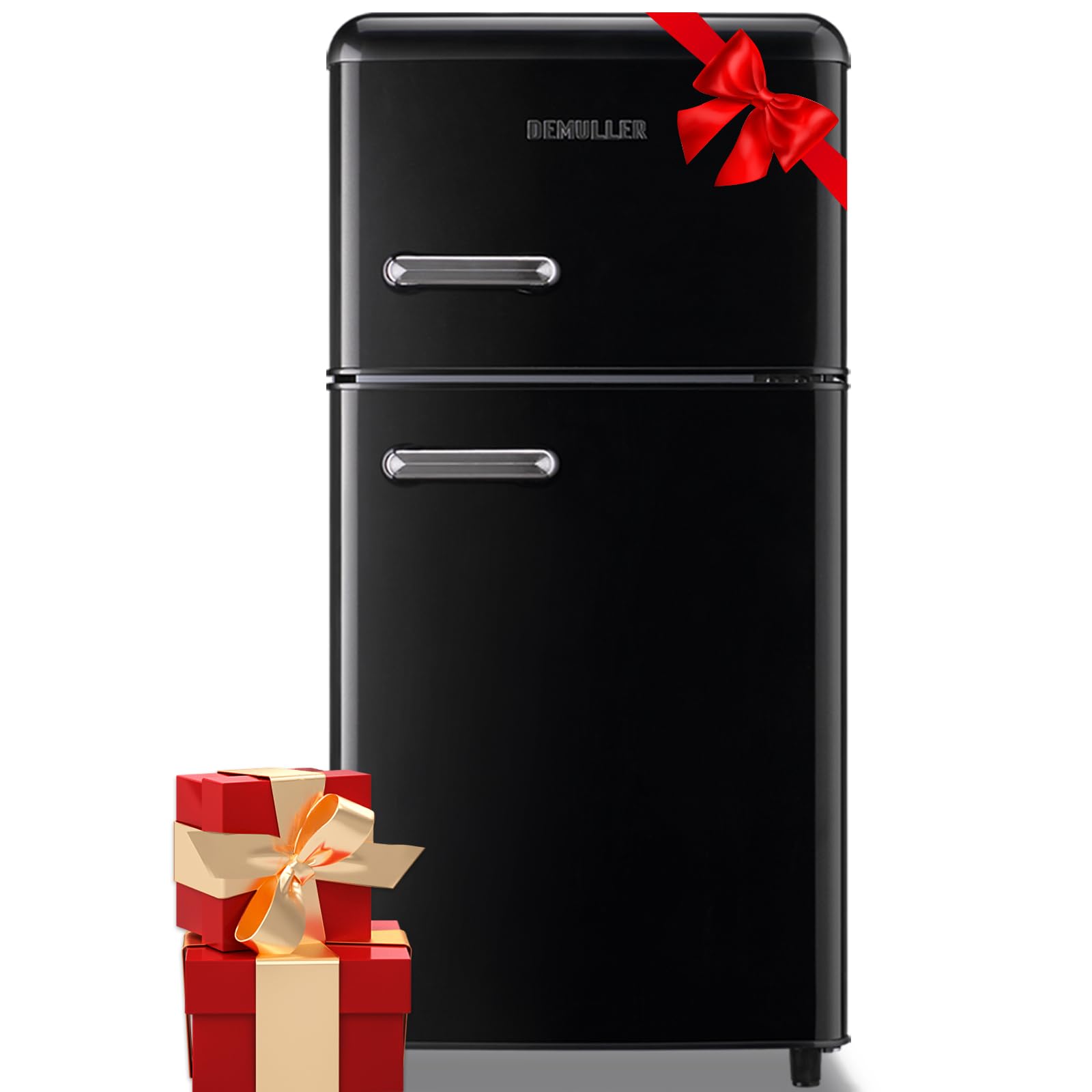 DEMULLER 3.5 CU.FT Mini Fridge with Freezer Compact Retro Refrigerator Dual Door Handles 7 Temp Adjustable Temp LED Lights Removable Storage Shelves for Dorm Apartment Office Black