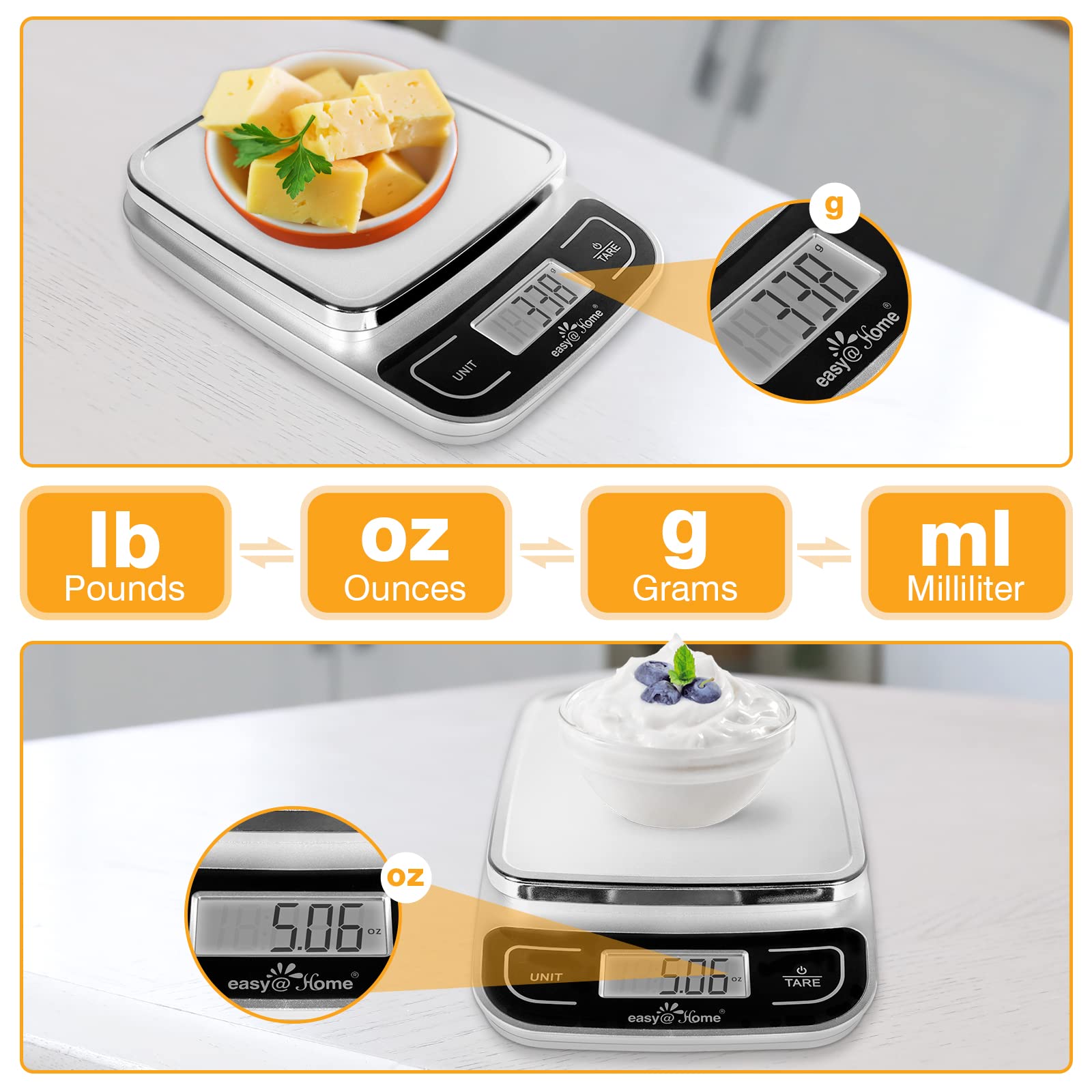 Easy@Home Digital Kitchen Scale Food Scale with High Precision to 0.04oz and 11 lbs capacity, Digital Multifunction Measuring Scale, EKS-202