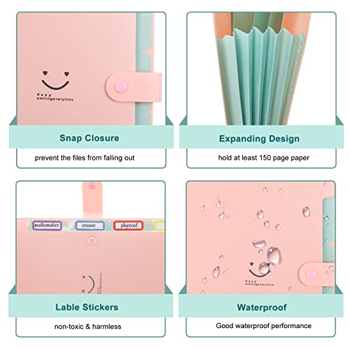 EOOUT 8pcs Expanding File Folder, A4 Cute Accordion Folders, Letter Size File Document Organizer with 5 Pockets, 64pcs Labels, for School and Office Supplies