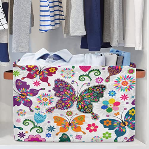Pardick Floral Butterfly Large Collapsible Storage Bins ,Flying Butterfly Decorative Canvas Fabric Storage Boxes Organizer with Handles,Rectangular Baskets Bin for Home Shelves Closet Nursery Gifts