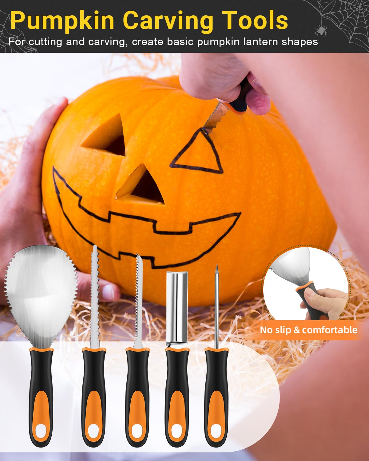 Luditek Pumpkin Carving Kit, 17 PCS Professional Stainless Steel Pumpkin Carving Tools with 4 Electronic Candles Lights and 10 Stencils, Halloween Gifts Jack-O-Lanterns Cutting for Adults Kids