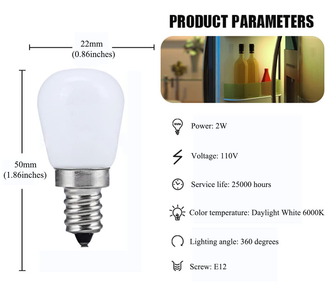 Edearkar 2W E12 LED Refrigerator Bulb(4 Pack) E12 Base Mini 2W Refrigerator Light Cool White 6000K 110V Dimmable E12 LED Appliance Bulb for Freezer Oven Microwave Lighting,Home Lighting