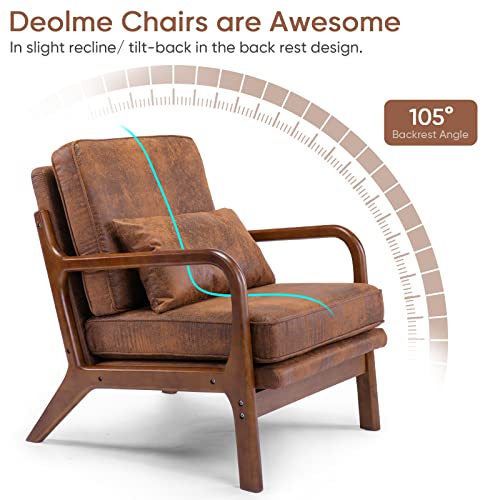 Mid Century Modern Accent Chair Set of 2 Living Room- Comfy Solid Wood Arm Chair with Lumber Pillow Lounge Decorative Brown Leather Office Side Chair Bedroom Reading Nook Sillas De Sala Microfiber
