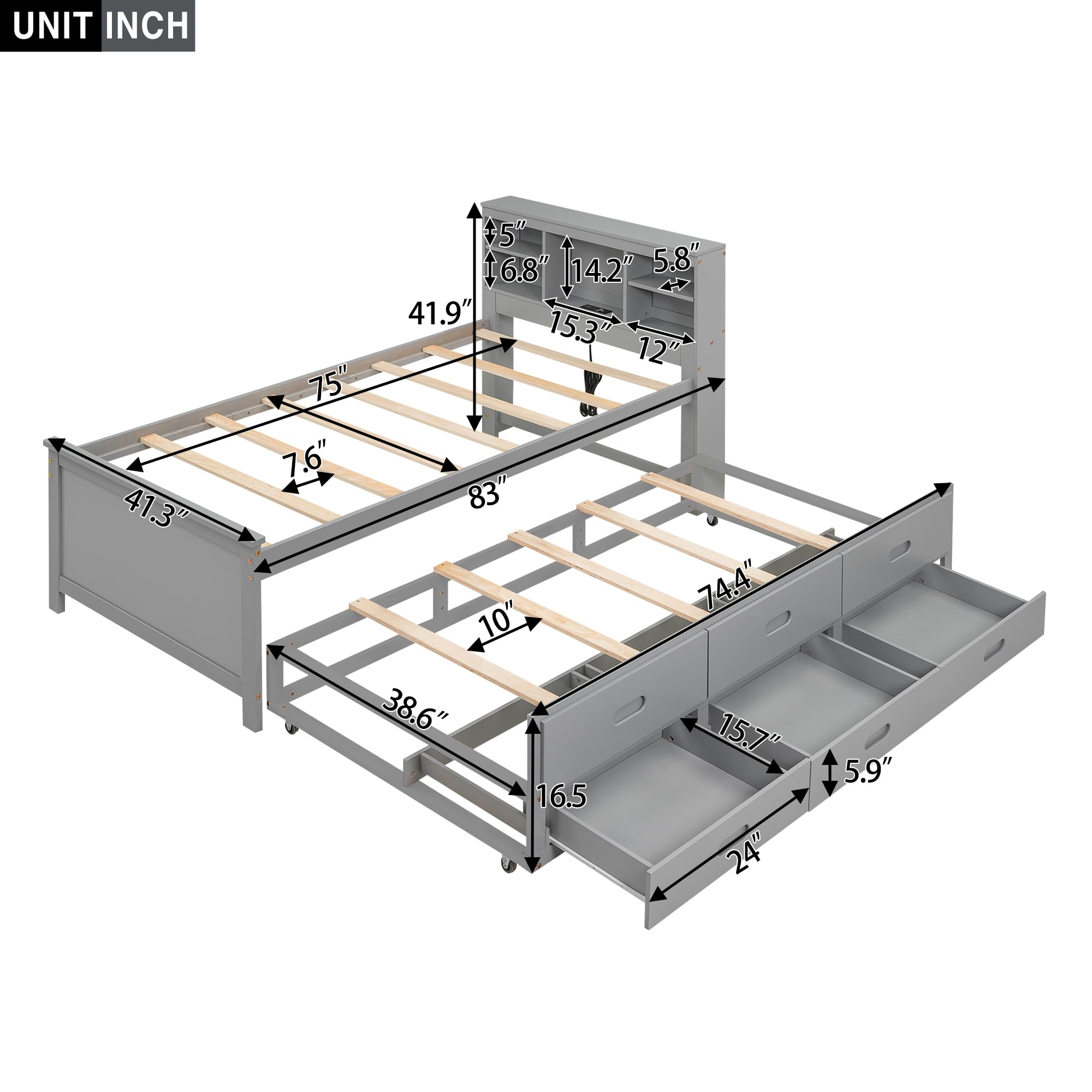 LUSPAZ Full Size Platform Bed Frame with Storage Headboard, USB Charging Station, Twin Size Trundle and 3 Drawers for Bedroom and Apartment, Wood Bed Frame, No Box Spring Required,Easy Assembly,Gray