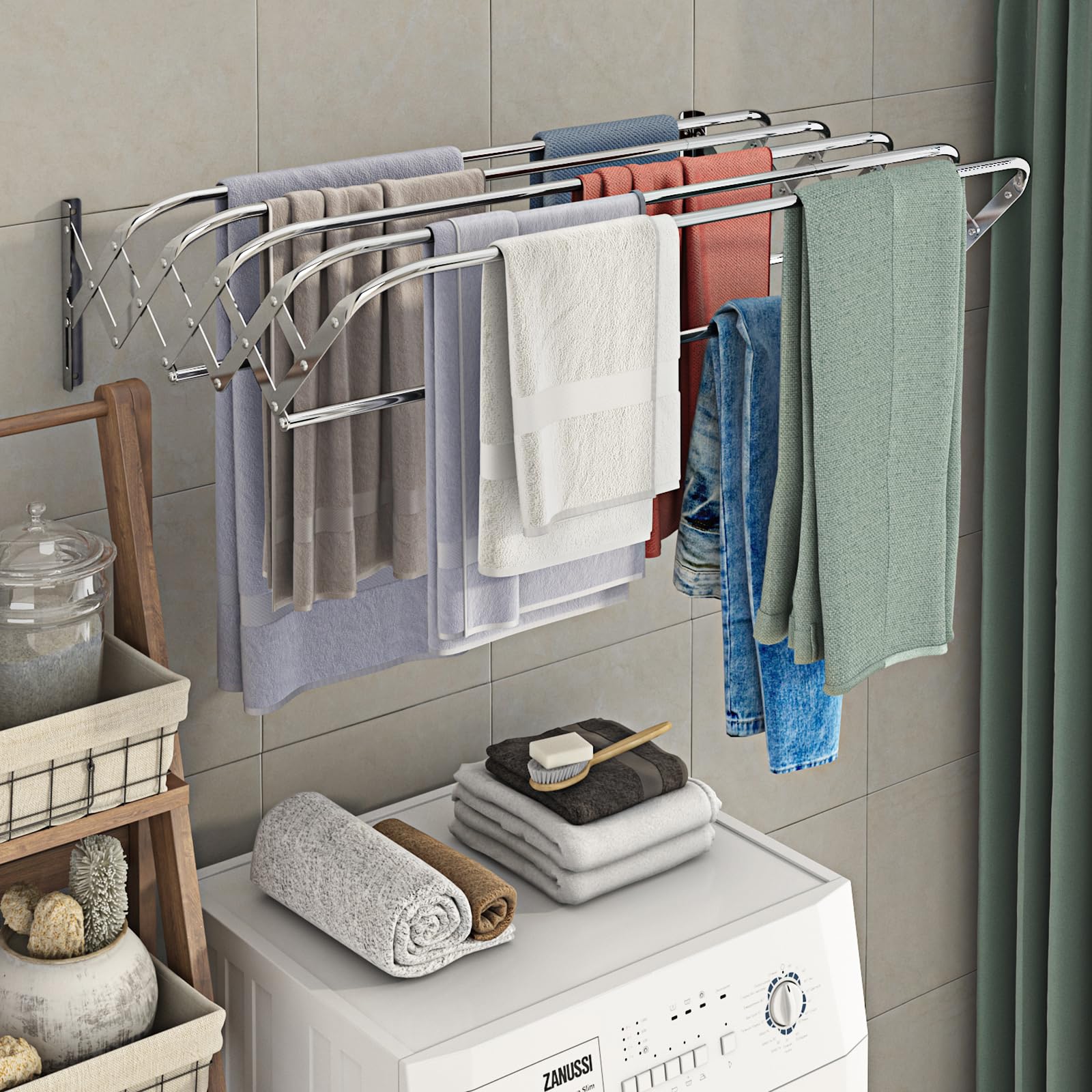 Droomdy Wall Mounted Clothes Drying Rack, Stainless Steel Retractable Laundry Drying Rack, Foldable Drying Rack for Laundry and Bathroom, Large Capacity Drying Rack Clothing Collapsible