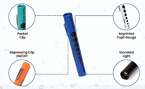 Primacare DL-9224 Pack of 6 Disposable Diagnostic Penlight with Imprinted Pupil Gauge, Lightweight and Moulded Plastic Body Medical Pen Light for Nurse, Student, Doctors EMT, Multicolor