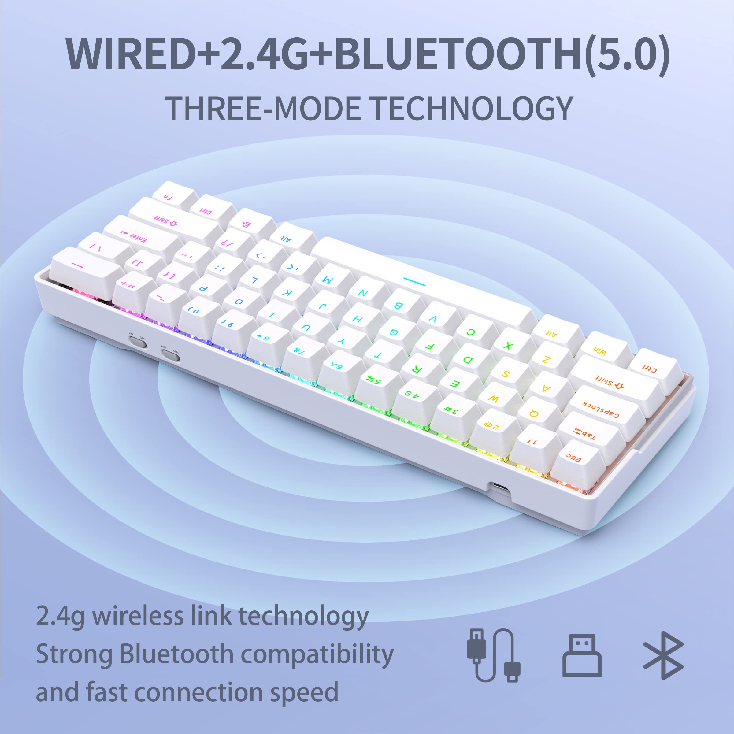 KEMOVE Snowfox DK61 60% Wireless Mechanical Gaming Keyboard, 2.4G/Type-C/Bluetooth Keyboard, Hot Swappable RGB Backlit 61 Keys, Anti Ghosting/N-Key Rollover 3000mAH Battery, Yellow Switch/White