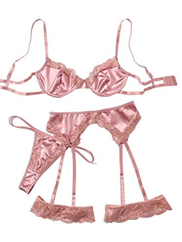 SOLY HUX Womens Sexy Lingeries Exotic Garter Belt Set Floral Lace Bra and Panty 4 Pieces Set Dusty Pink S