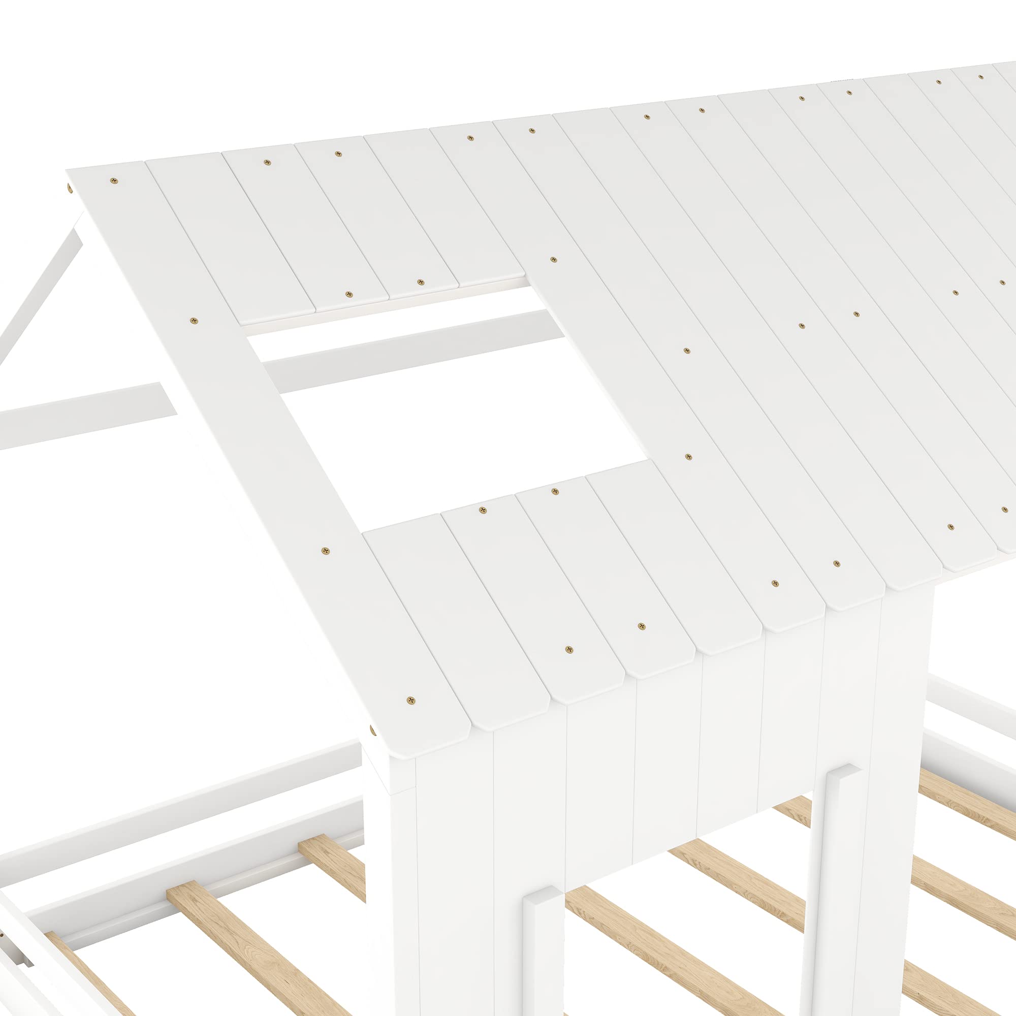 DOLPRNE Full Size House Bed,Modern Floor Bed Frame with Roof and Window,Solid Wood Platform Bed Frame for Kids Teens Girls Boys Bedrooms,White