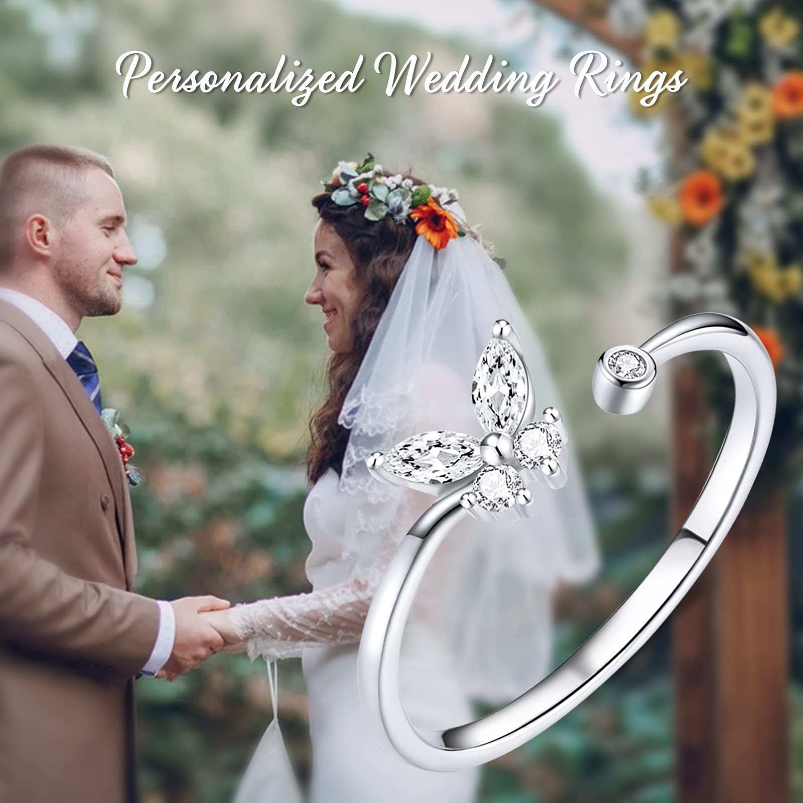 DIYA Diamond Adjustable Butterfly Ring Sterling Silver 1 Carat Moissanite Diamond Ring Open Ladies Dainty Stackable Ring Wedding Bands Anniversary Engagement Rings for Women (White gold plated)