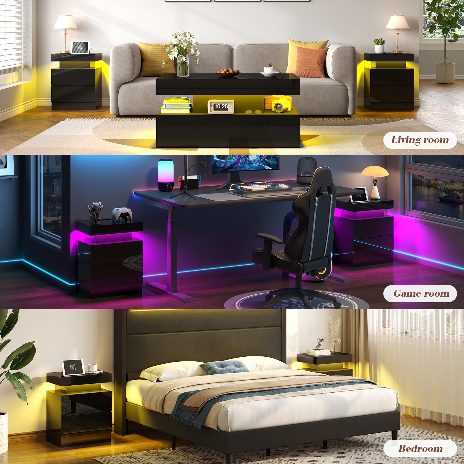 LUXOAK Nightstand Set of 2 with Charging Station and LED Light, Modern Side Table with 2 Drawers and Open Storage Shelf, End Table for Bedroom, Black
